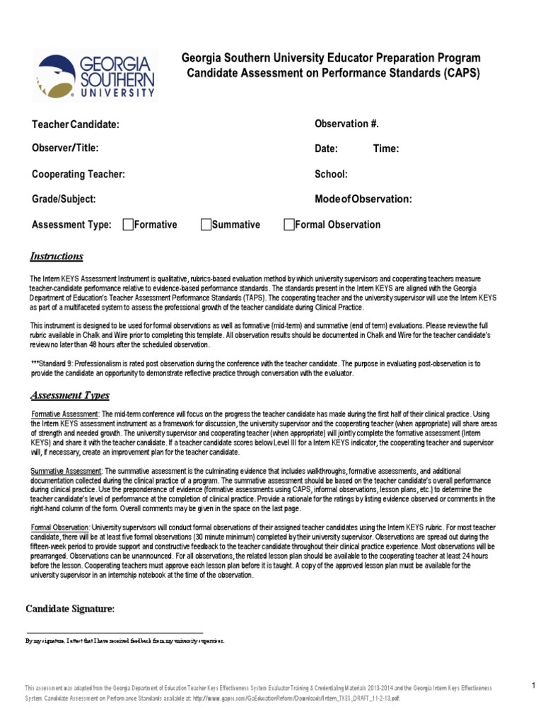 Intern Keys Observation Form With Indicators & Evaluation PDF | PDF ...