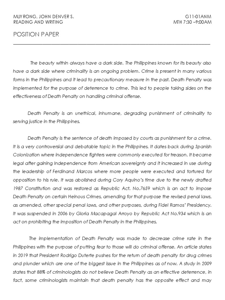 Death Penalty in The Philippines Position Paper | PDF | Capital ...