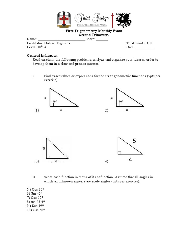 10th Grade Trigonometry Exam | PDF | Trigonometry | Trigonometric Functions