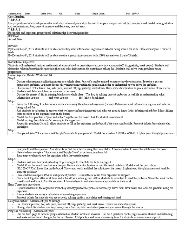 Math Lesson Plan | PDF | Percentage | Teaching Mathematics