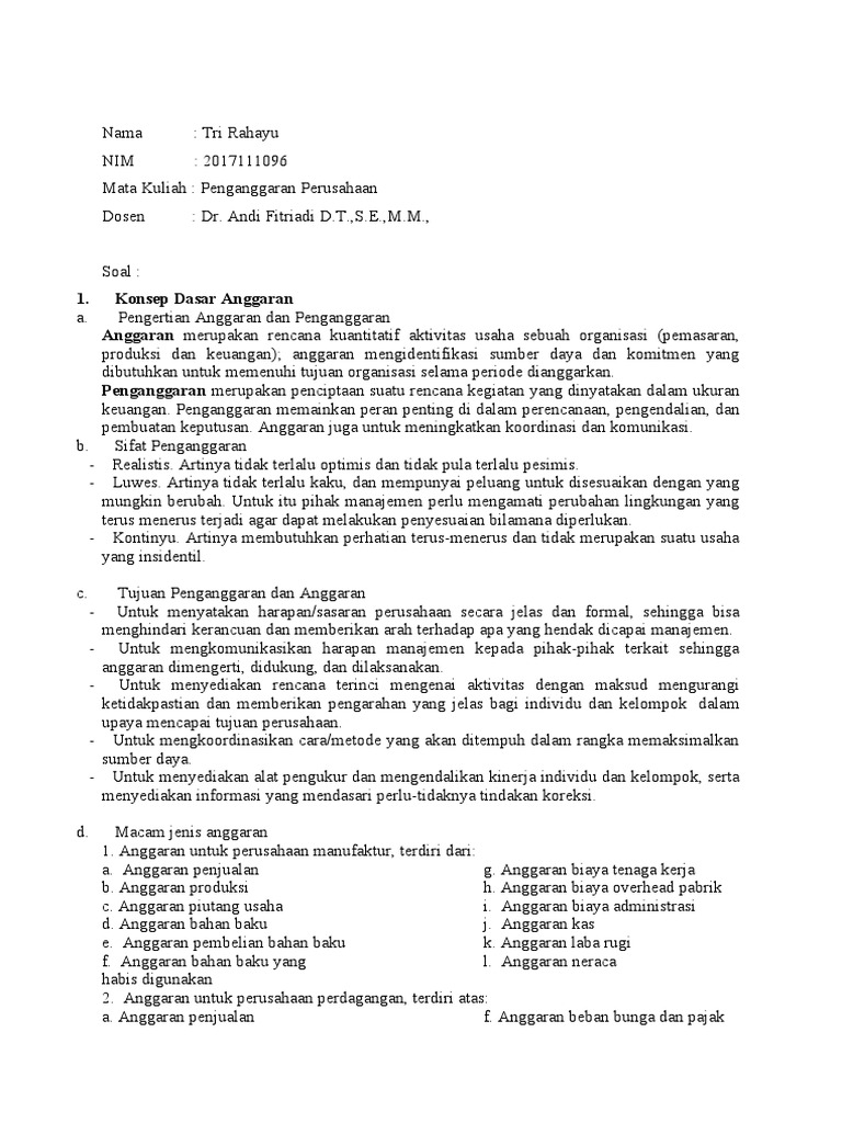 Tri Rahayu 2017111096-Penganggaran Smster 6 Sore | PDF