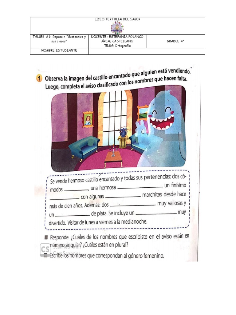 Taller 1 Grado4° Articulo, Genero y Numero en Los Sustantivos | PDF ...