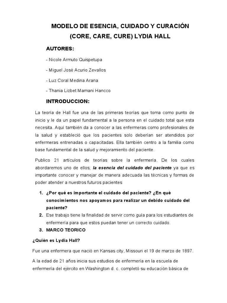 Teoría de Lydia Hall: Cuidado y Curación | PDF | Enfermería | Cuidado de la salud