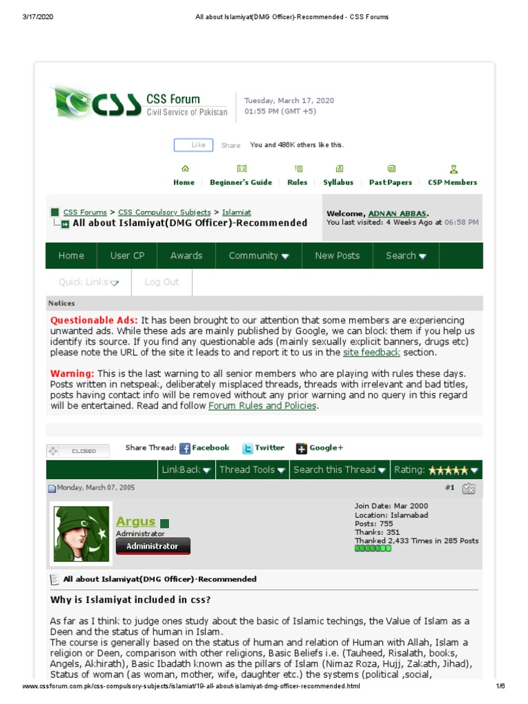 All About Islamiyat (DMG Officer) - Recommended - CSS Forums | PDF | Internet Forum | Hadith