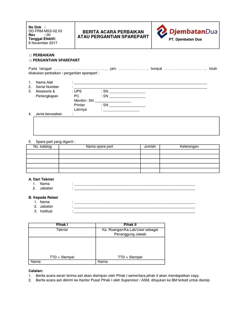 DD-FRM-MSS-02.03 - Berita Acara Perbaikan Atau Pergantian Sparepart PDF ...