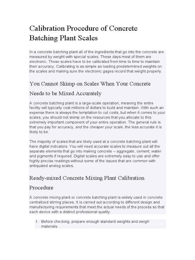 Calibration Procedure of Concrete Batching Plant Scales | PDF ...