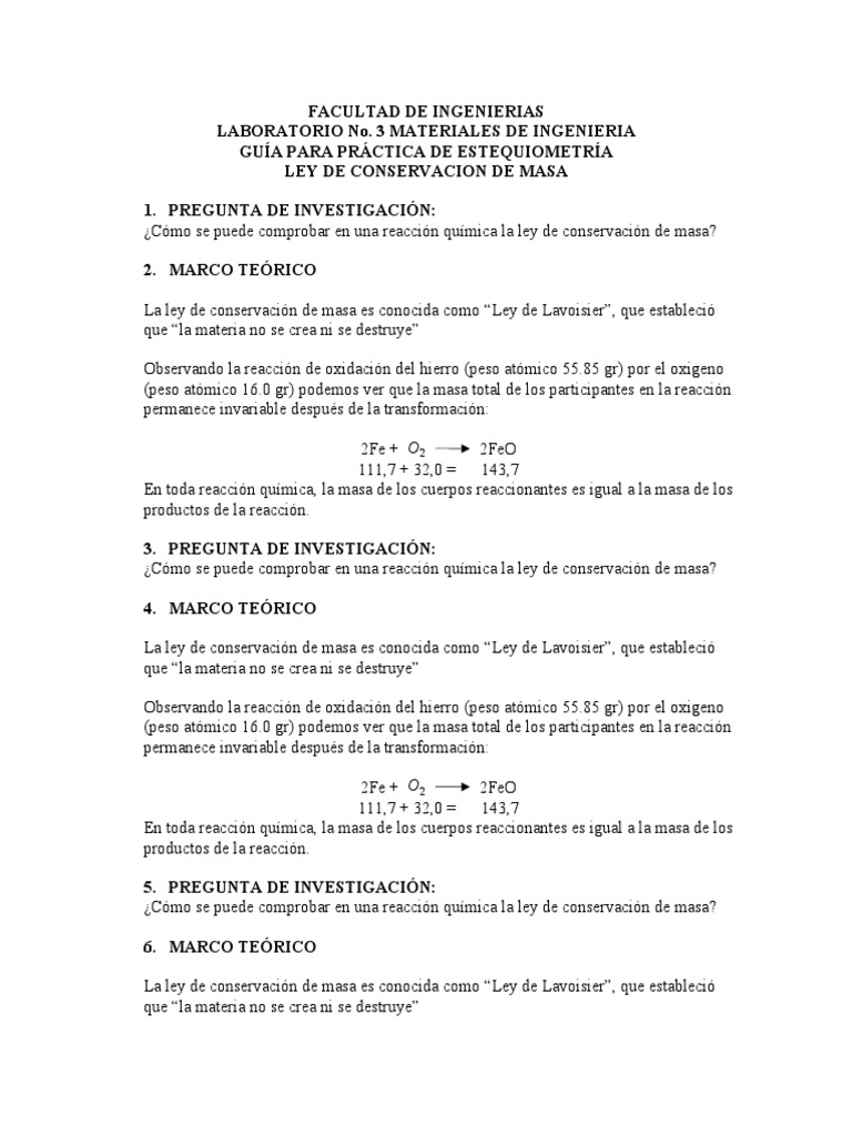 Ley Conservacion de La Masa | PDF | Reacciones químicas | Masa