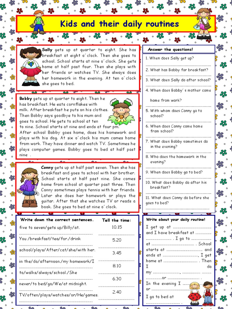 Kids and Their Daily Routines Key Reading Comprehension Exercises ...