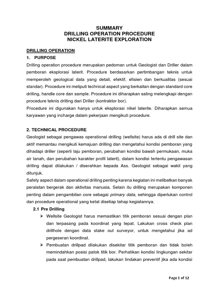 Summary - Drilling Operation and Sampling Procedure Nickel Laterite ...