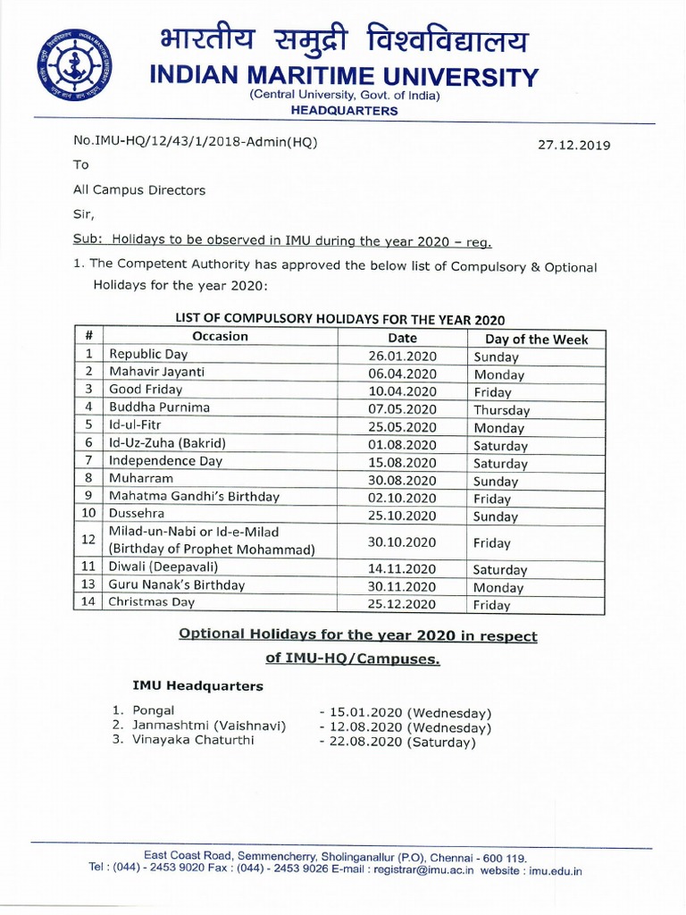 Holidays To Be Observed in IMU During The Year 2020 | PDF