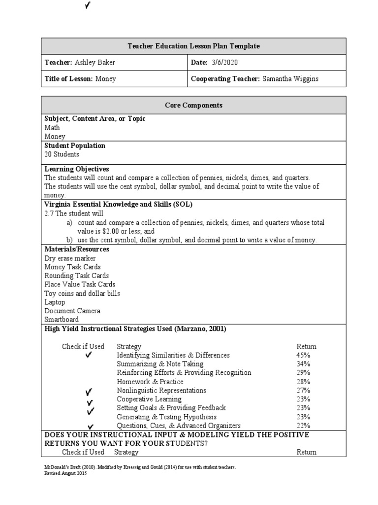Money Counting Lesson Plan Template | PDF | Lesson Plan | Coins