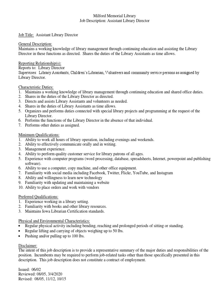 Assistant Director Job Description | PDF | Libraries | Communication