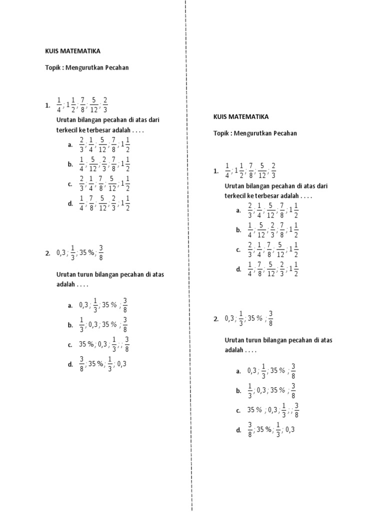 Kuis Mengurutkan Pecahan Matematika | PDF