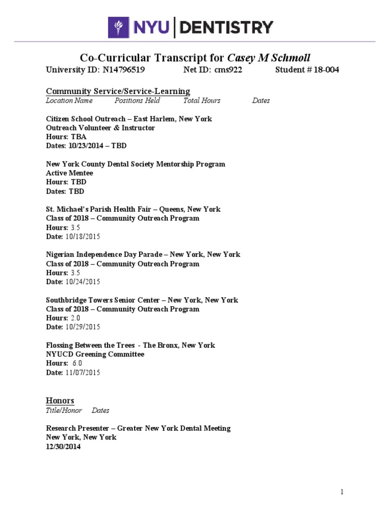 4 - CM Schmoll - NYUCD Co-Curricular Transcript | PDF | Public Health ...