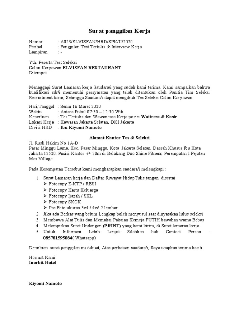 Surat Undangan Wawancara Kerja | PDF