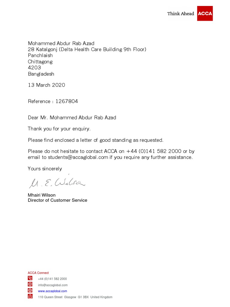 Acca Certificate of Good Standing | PDF