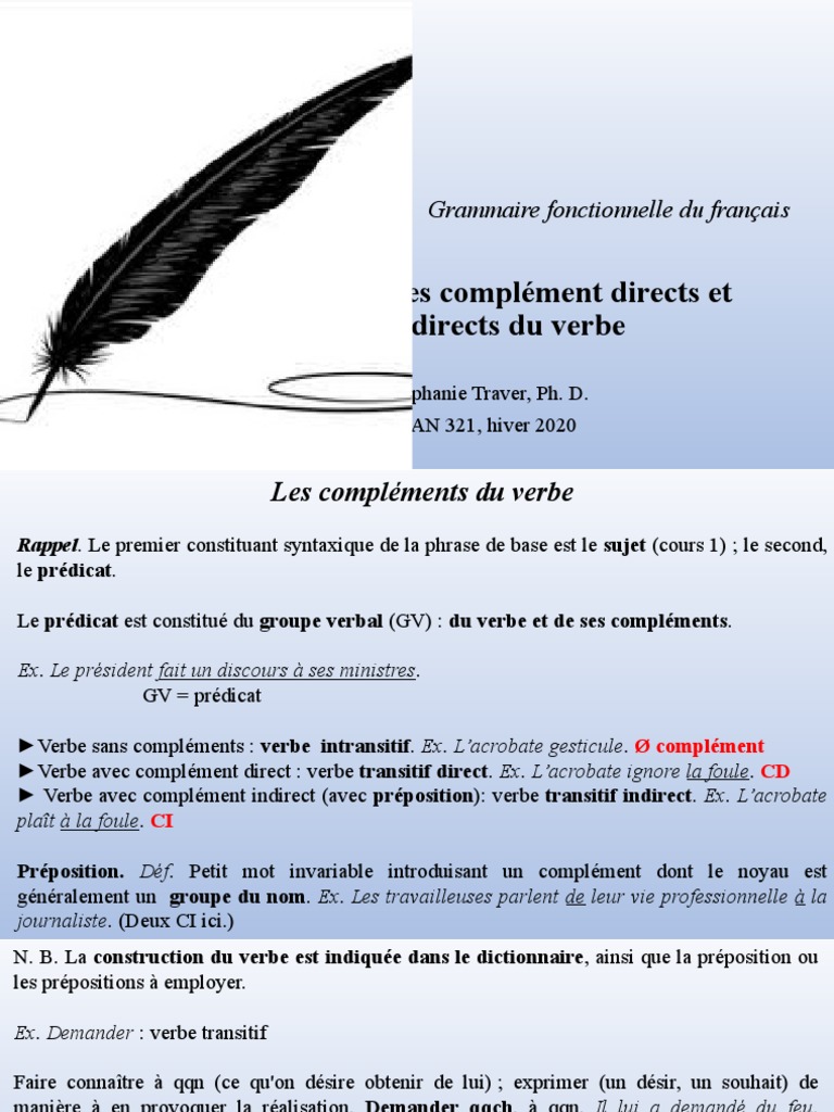Fran 321. Cours 2. Le Complément Direct Et Le Complément Indirect ...