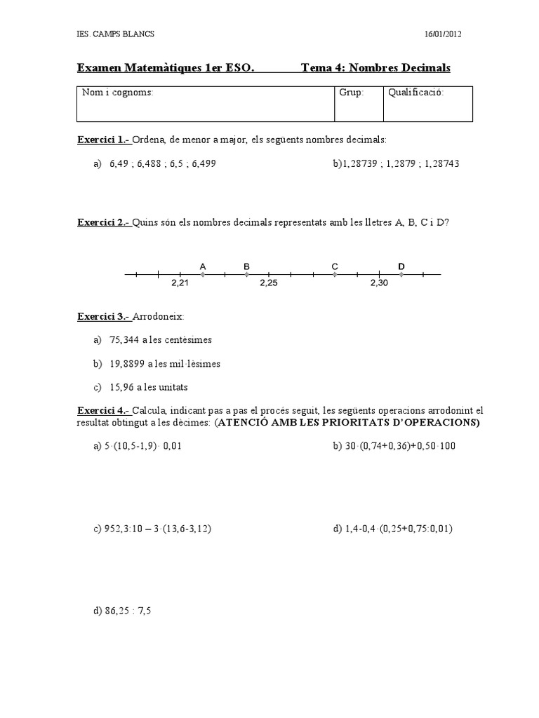 Examen Matemàtiques 1er ESO | PDF