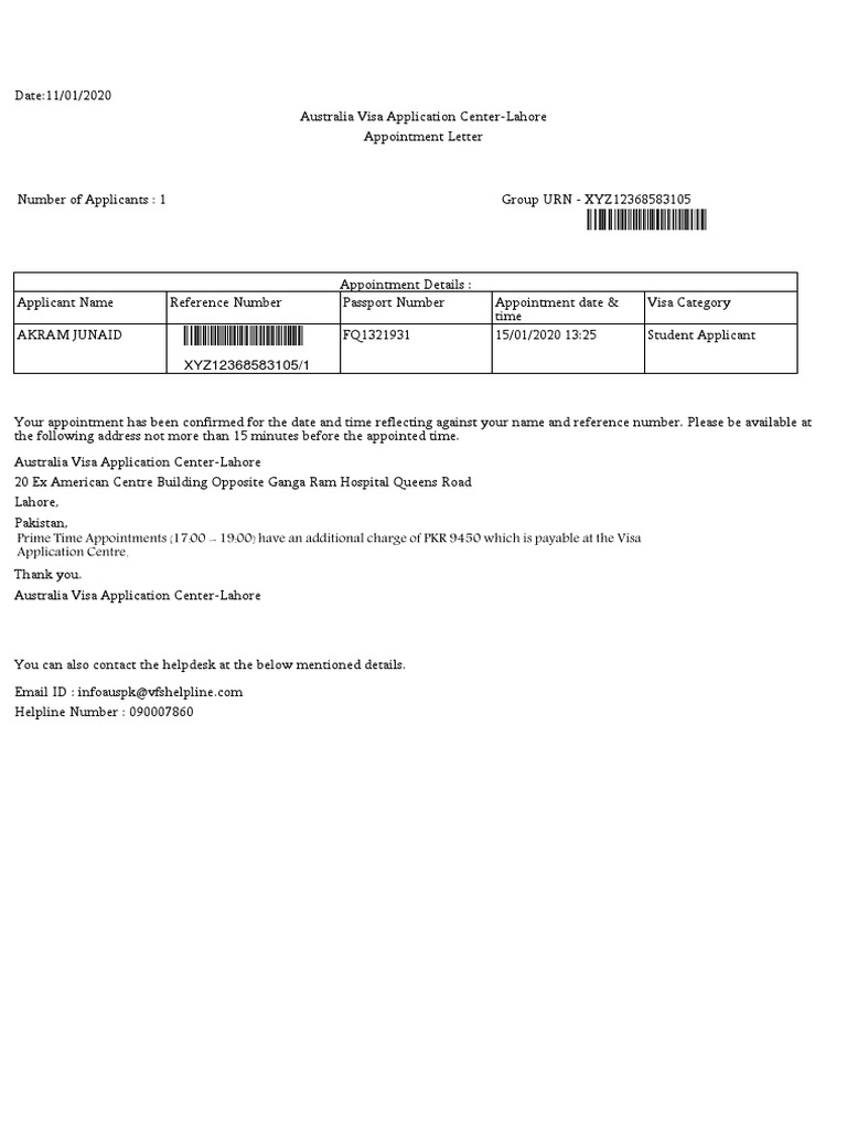 VFS Appointment Letter Xyz12368583105 | PDF