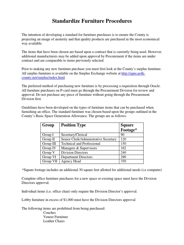 Standardized Furniture Purchase Guidelines | PDF | Furniture | Procurement