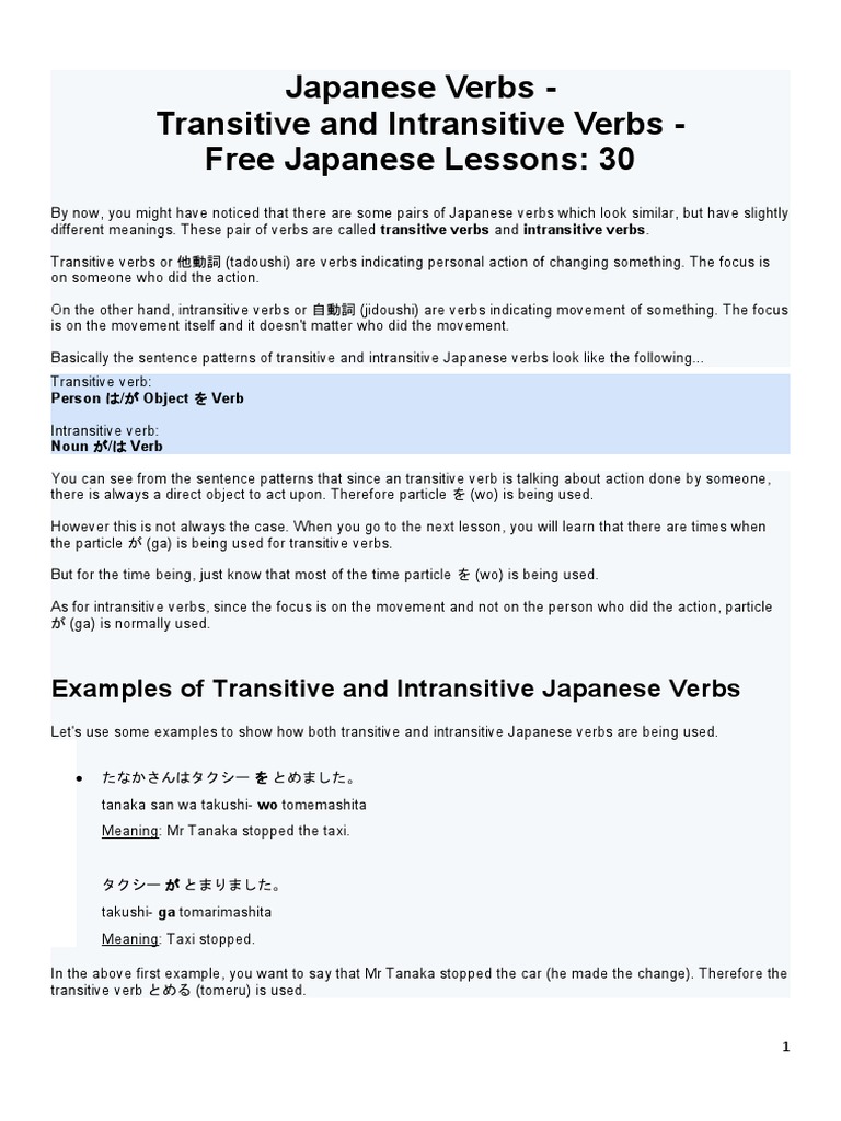 Japanese Verbs Transitive Intransitive | PDF | Verb | Morphology