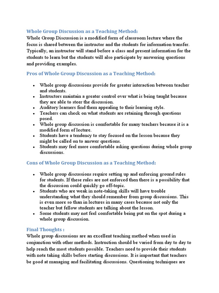 Whole Group Discussion As A Teaching Method | PDF | Teaching Method ...