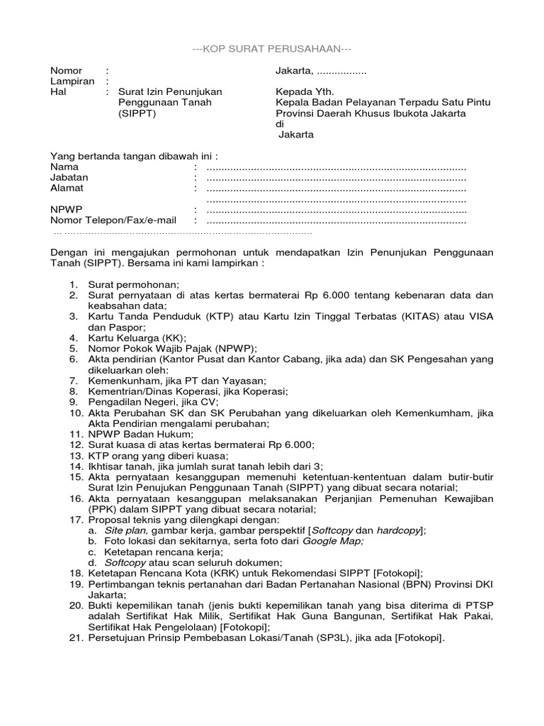 Surat Izin Penggunaan Tanah (SIPPT) | PDF | Pengelolaan Keuangan & Uang ...