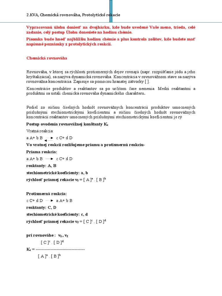 Chémia 2.KVA, Chemická Rovnováha A Protolytické Reakcie | PDF