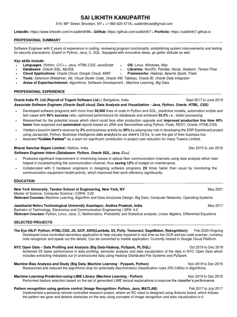 Sai Likhith Kanuparthi Resume Mar 19 2020 | PDF | Oracle Corporation | Selenium (Software)