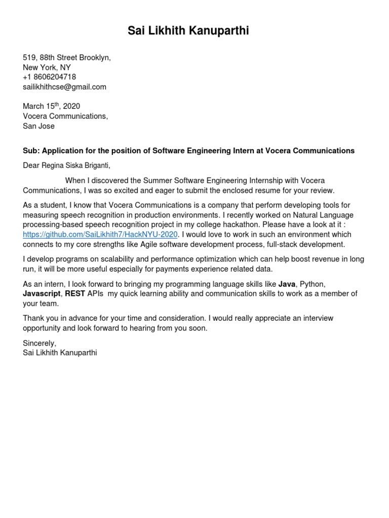 Sai Likhith Kanuparthi's Cover Letter - Vocera | PDF