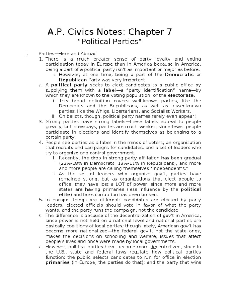 A.P. Civics Notes: Chapter 7: "Political Parties" | PDF | Federalist ...