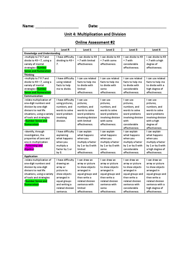 Division Assessment Seesaw Rubric | PDF | Matrix (Mathematics ...