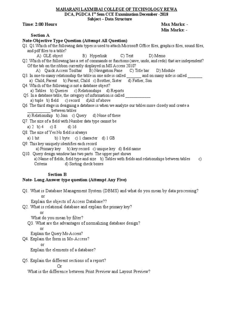 NEW Mcu MS ACcESS DCA CCE EXAM PAPER2018 | PDF | Microsoft Access ...