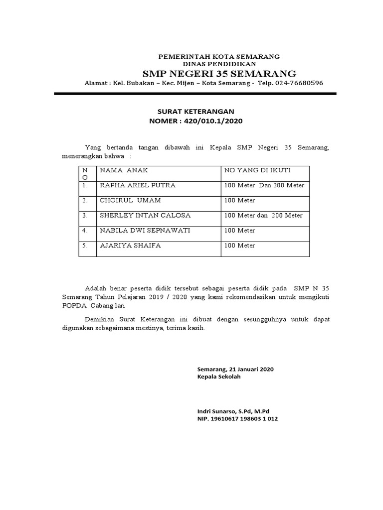 Surat Keterangan Popda | PDF