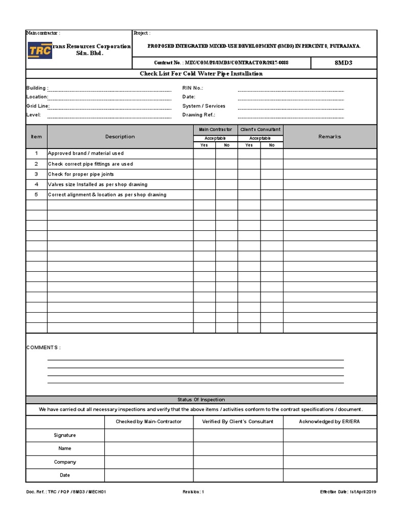 2 - Checklist Form | PDF | Specification (Technical Standard) | Pipe ...