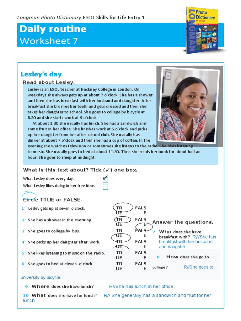 ESOL Daily Routine: Lesley's Day | PDF | Lunch | Meal