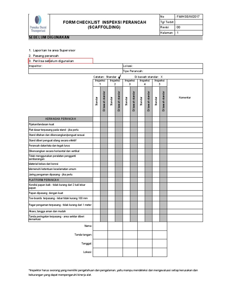 Form Chechklist Inspeksi Perancah Scaffolding | PDF