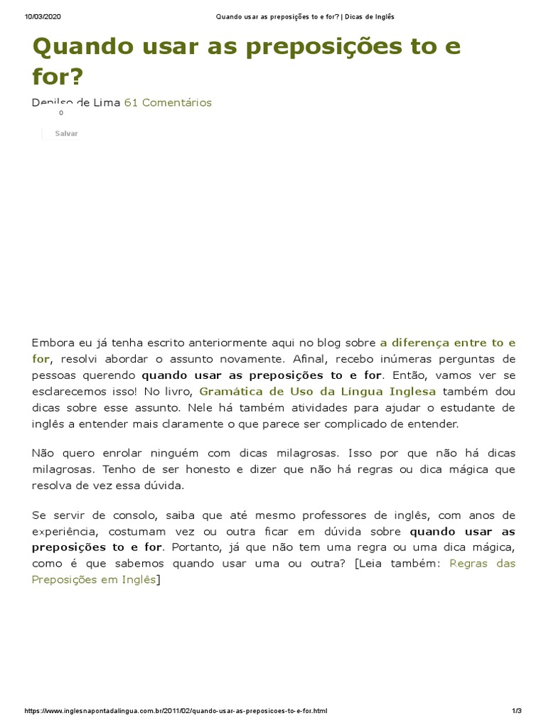 Quando Usar As Preposições To e For | PDF | Palavra | Língua inglesa
