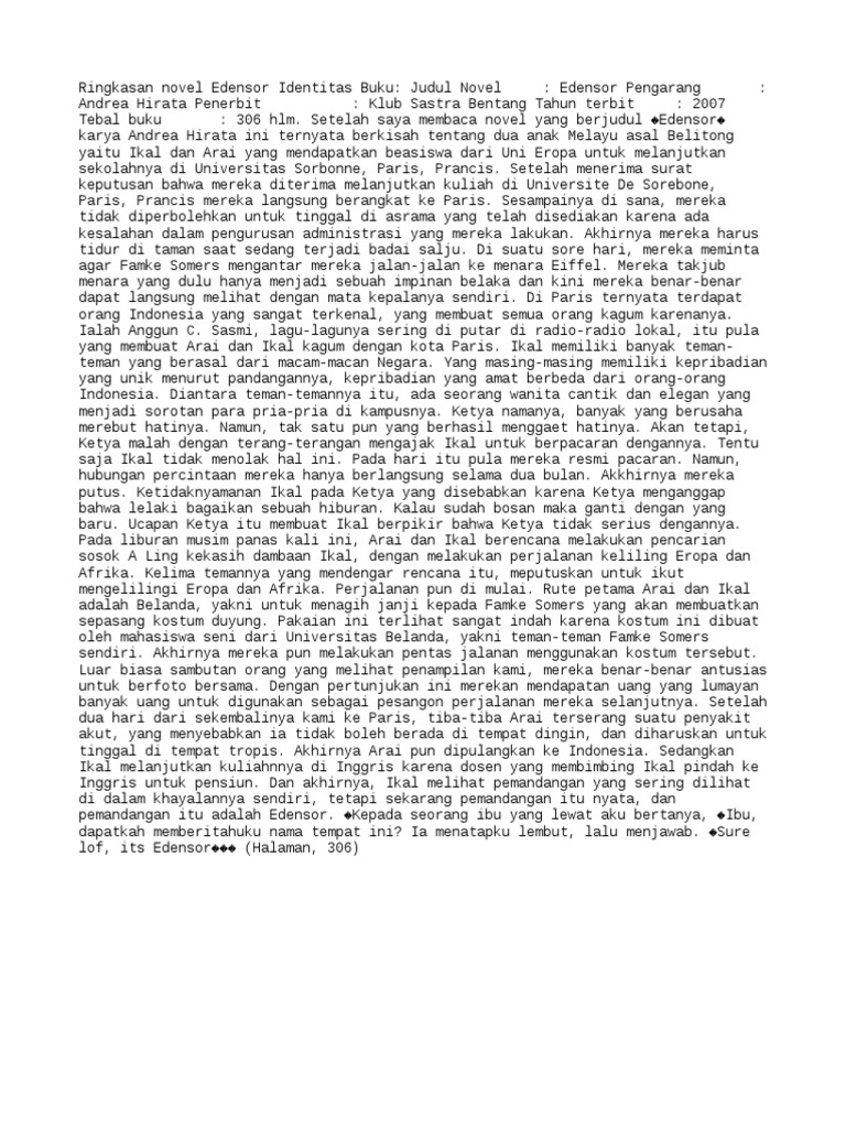Ringkasan Novel Edensor Identitas Buku Judul Novel Edensor Pengarang ...