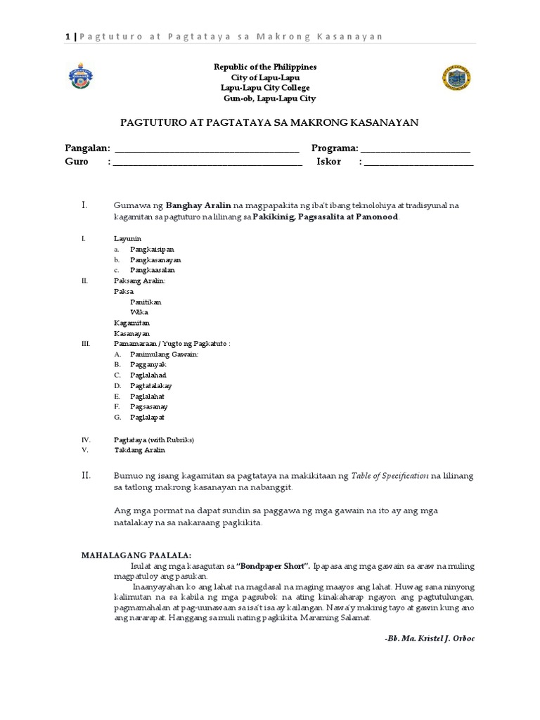 Makrong Kasanayan Worksheet | PDF