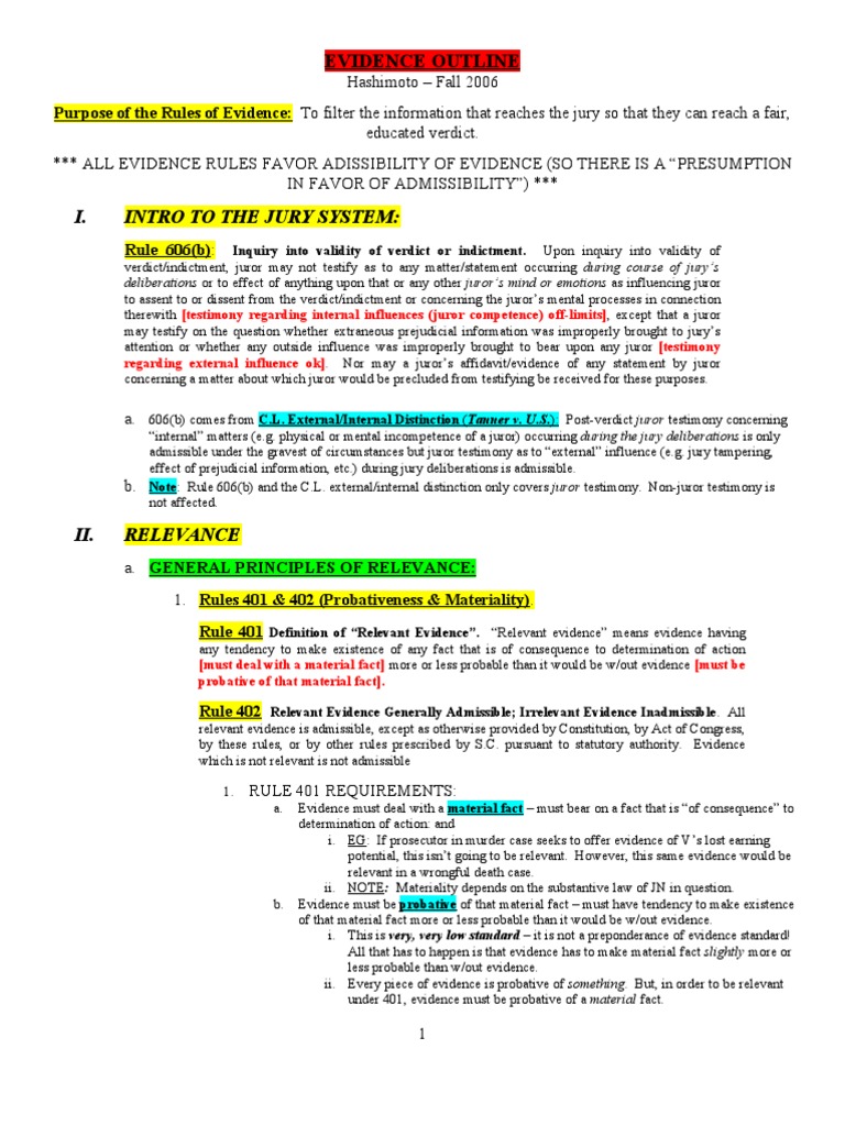 Evidence Outline | PDF | Relevance (Law) | Plea