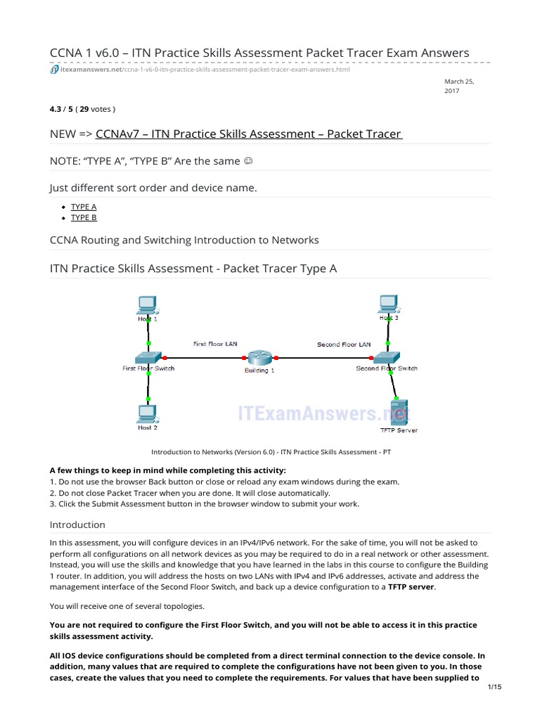CCNA 1 v60 ITN Practice Skills Assessment Packet Tracer Exam Answers | PDF | I Pv6 | Ip Address