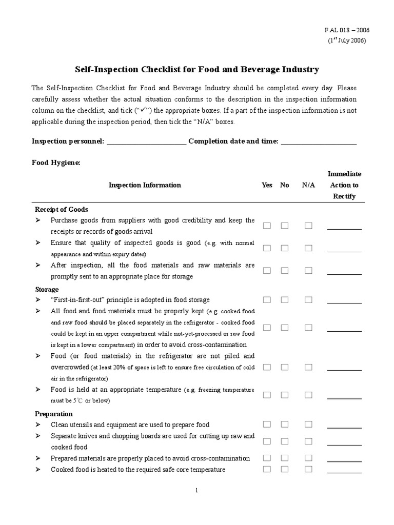 Self Checklist For Food and Beverage Industry PDF | PDF | Hygiene ...