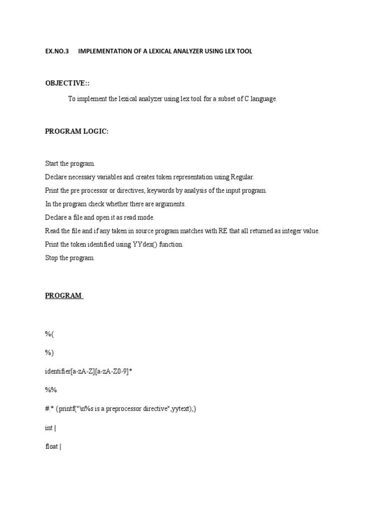 CD Expt 3 Implementation of A Lexical Analyzer Using Lex Tool | PDF | Formalism (Deductive ...