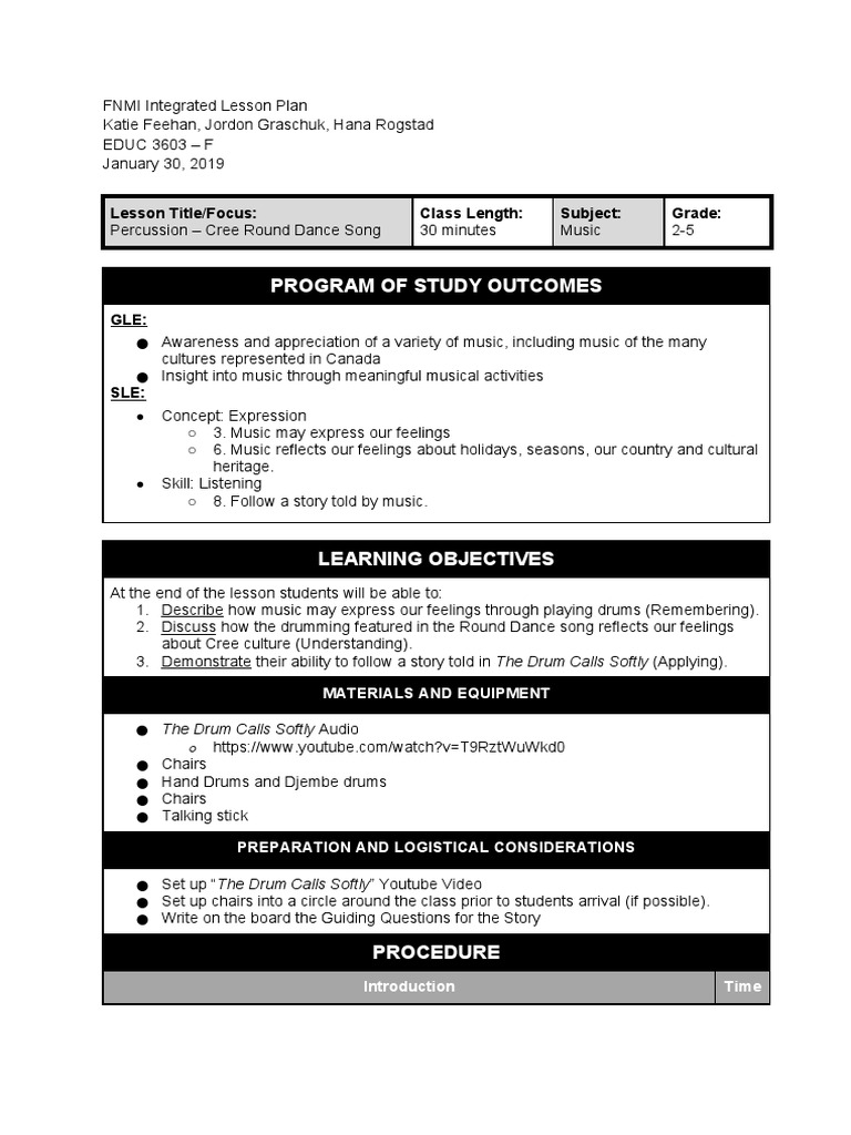 Cree Music Lesson Plan | PDF | Dances | First Nations