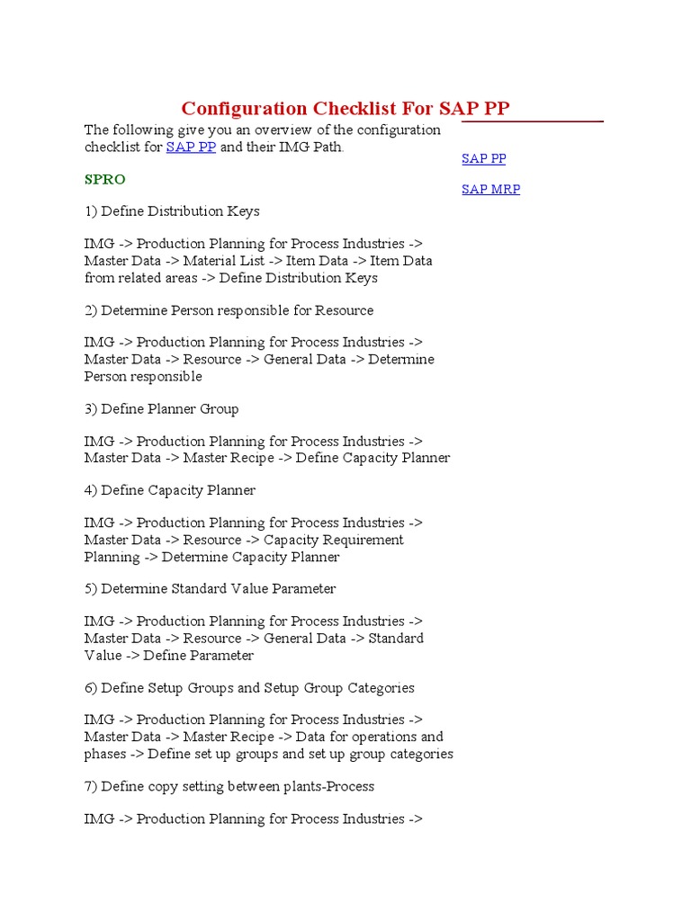 Configuration Checklist For SAP PP | PDF | Business Process Management ...