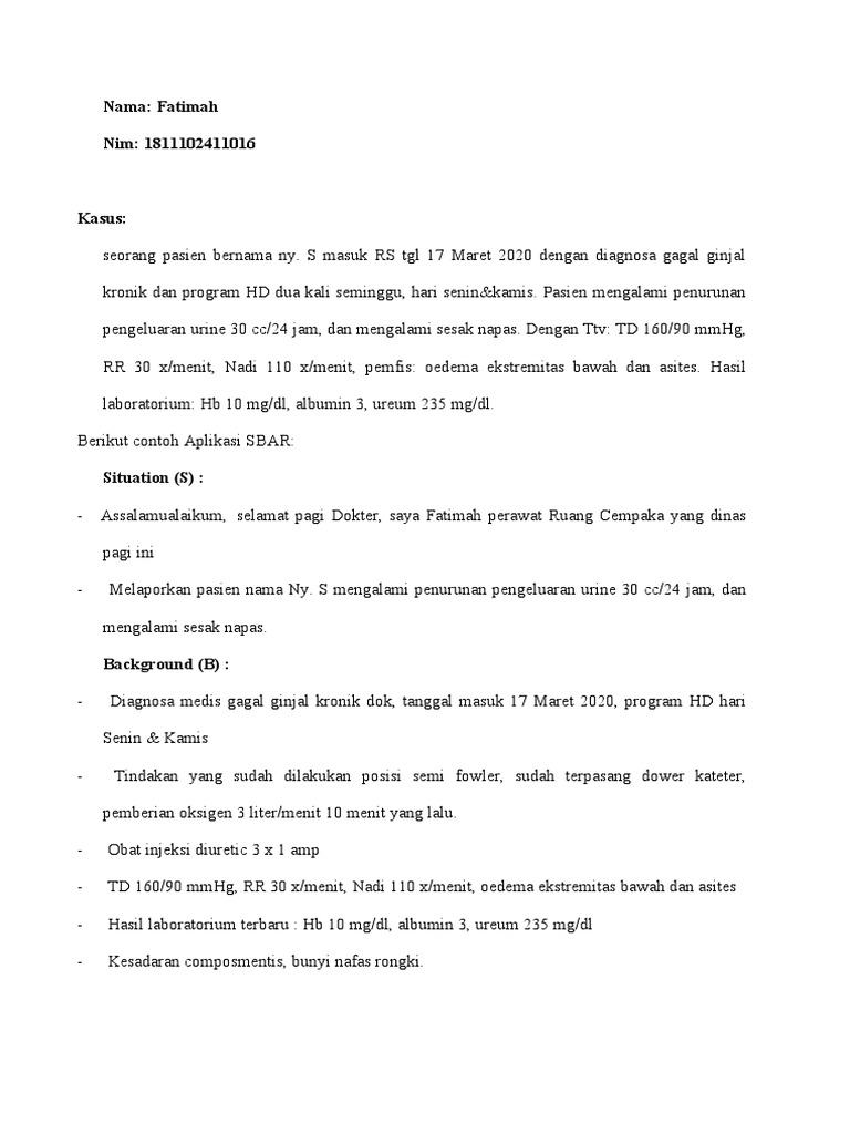 Contoh Komunikasi SBAR | PDF