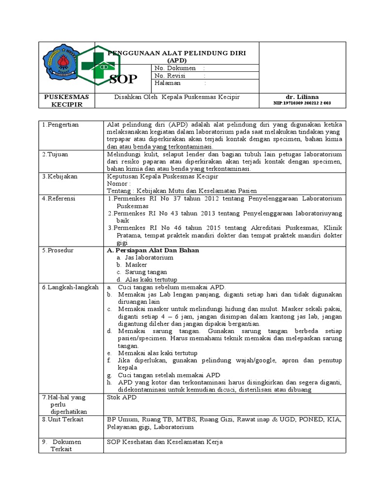 SOP Penggunaan APD di Laboratorium | PDF