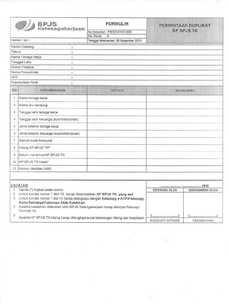 Formulir Permintaan Duplikat KP BPJS TK PDF | PDF