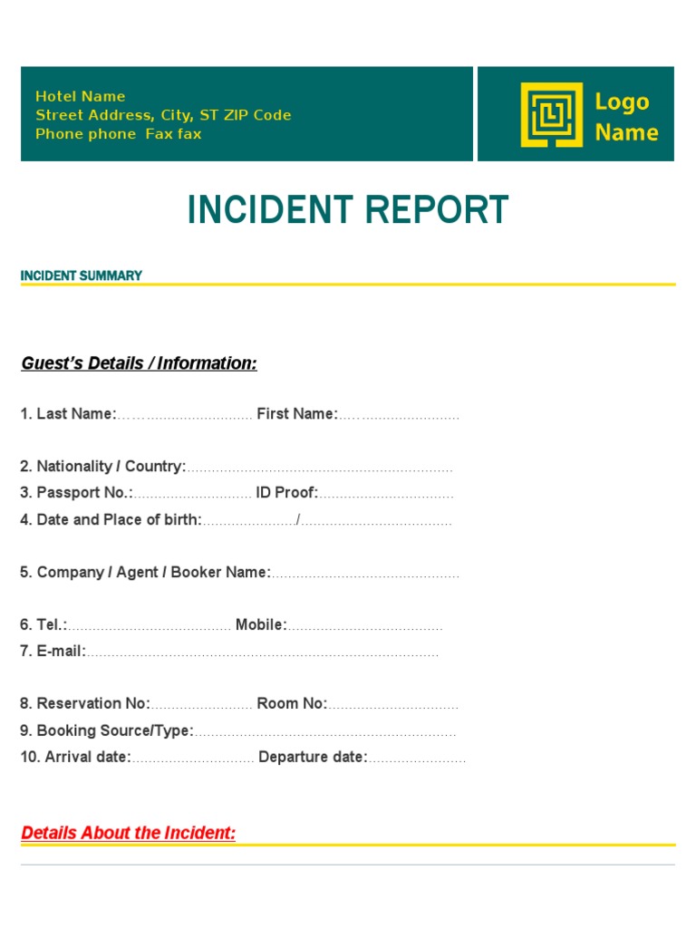 Incident Report Hotel Guests Front Office | PDF